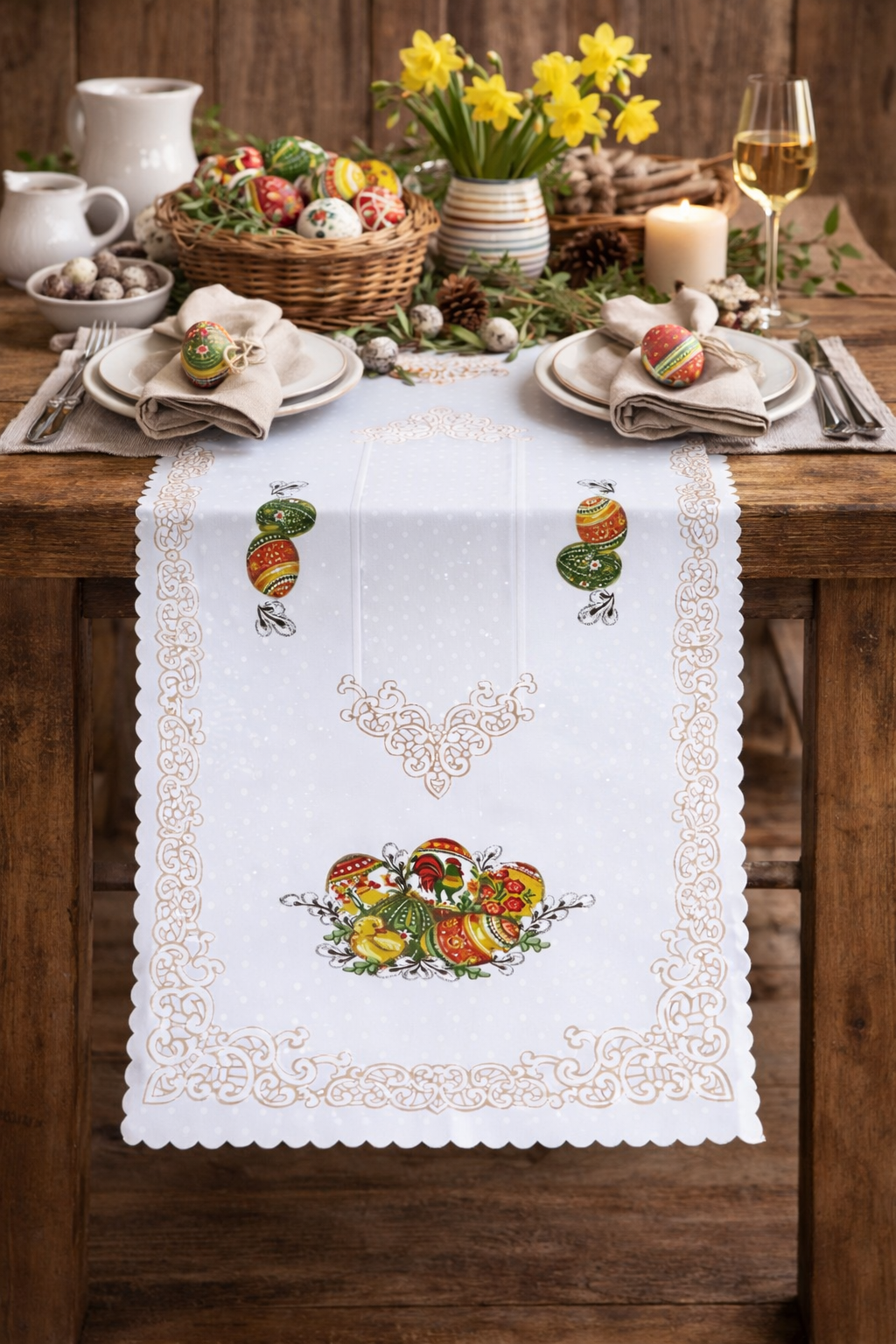Polish Folk Easter Eggs with Chicks & Rooster Table Runner 39"x20" (Wh ...