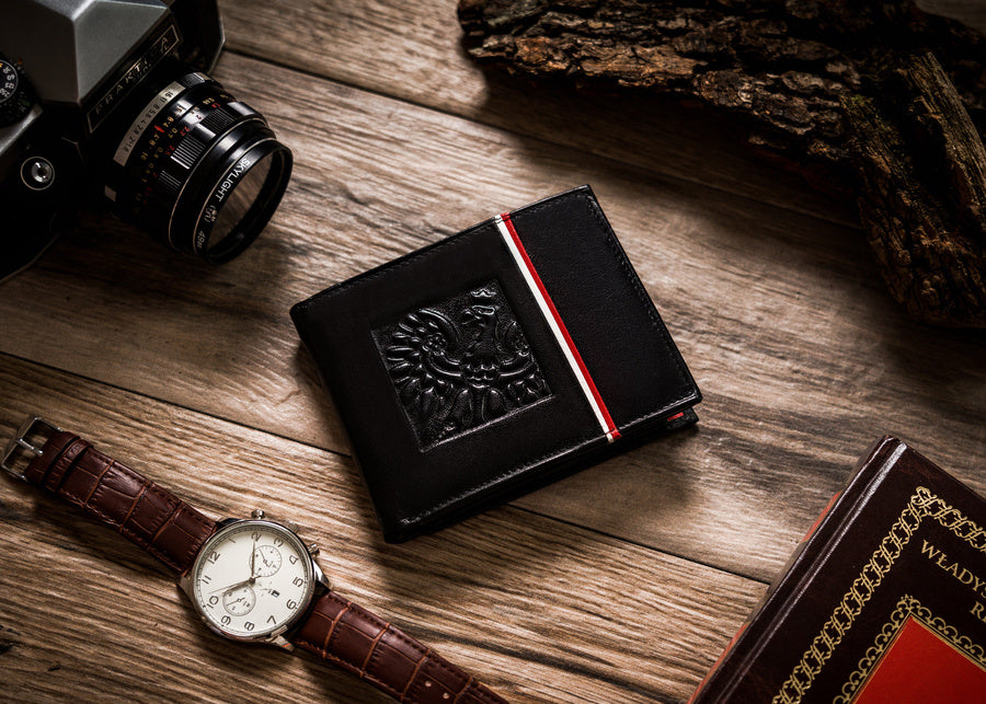 Horizontal Leather Wallet Embossed with Square Polish Eagle & White an ...
